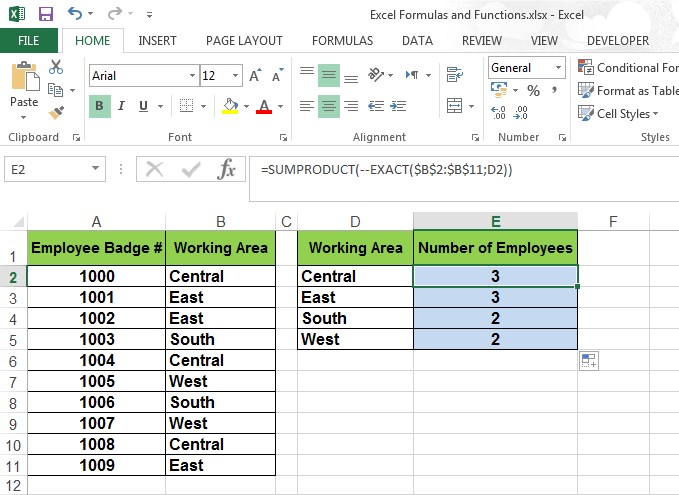 How to use SUMPRODUCT, EXACT functions?