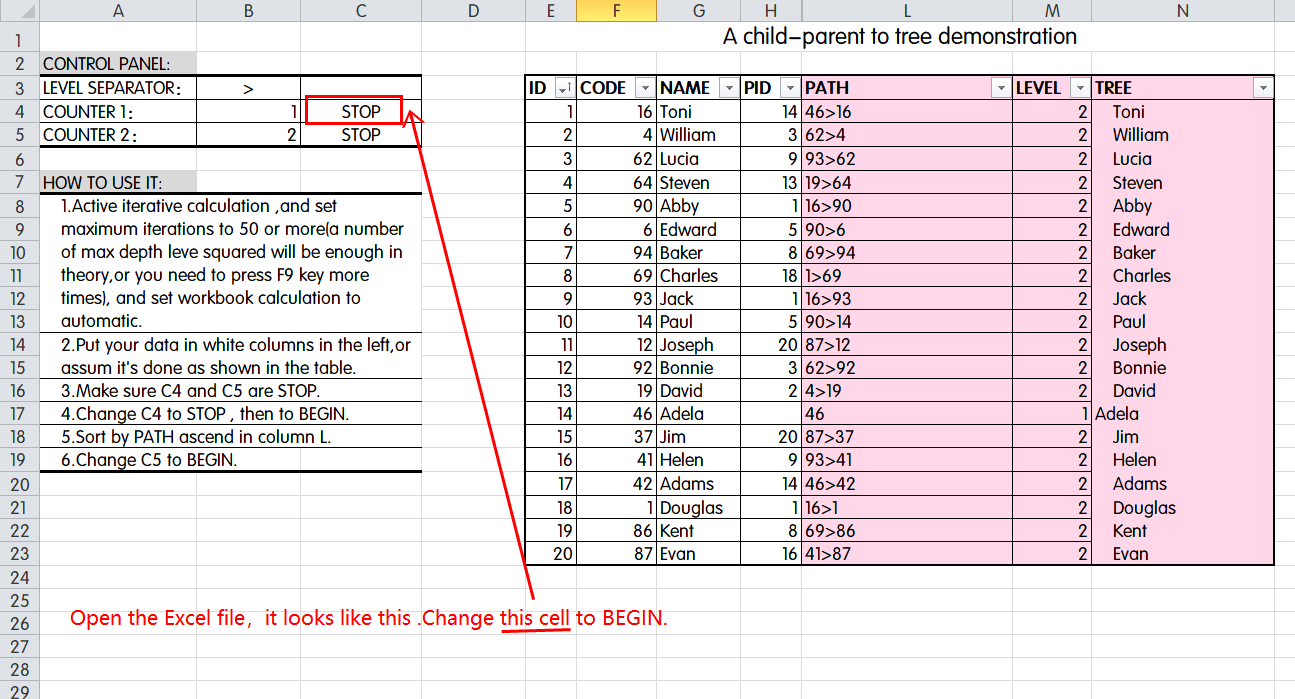 A child-parent to tree demonstration (no VBA or other programming used ...