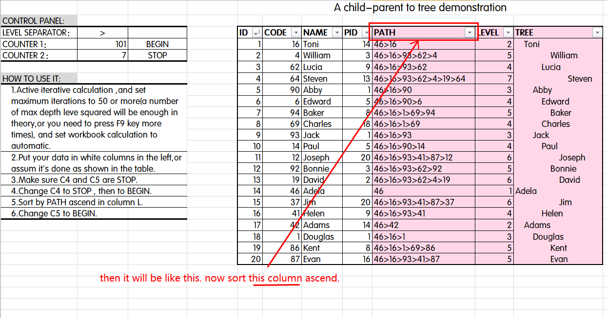A child-parent to tree demonstration (no VBA or other programming used ...