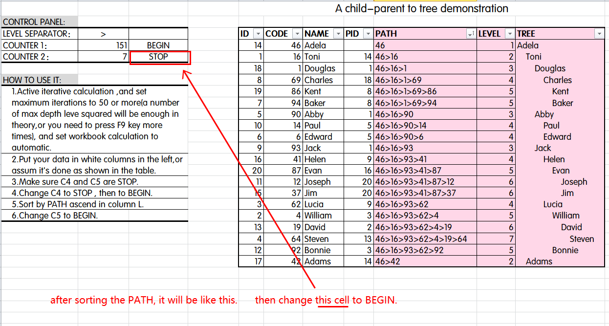 A child-parent to tree demonstration (no VBA or other programming used ...
