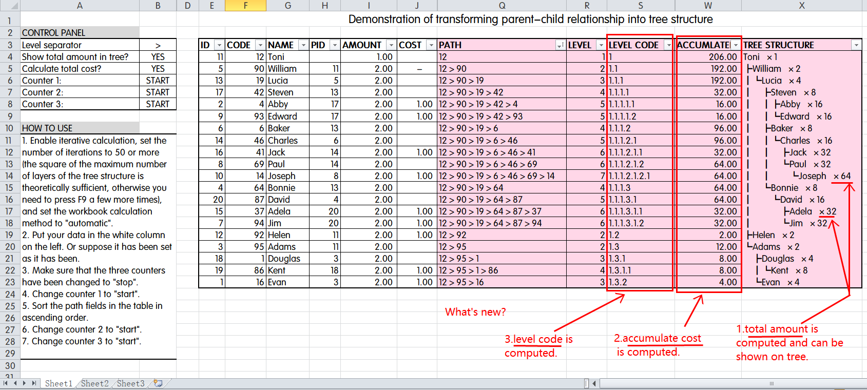 A child-parent to tree demonstration (no VBA or other programming used ...